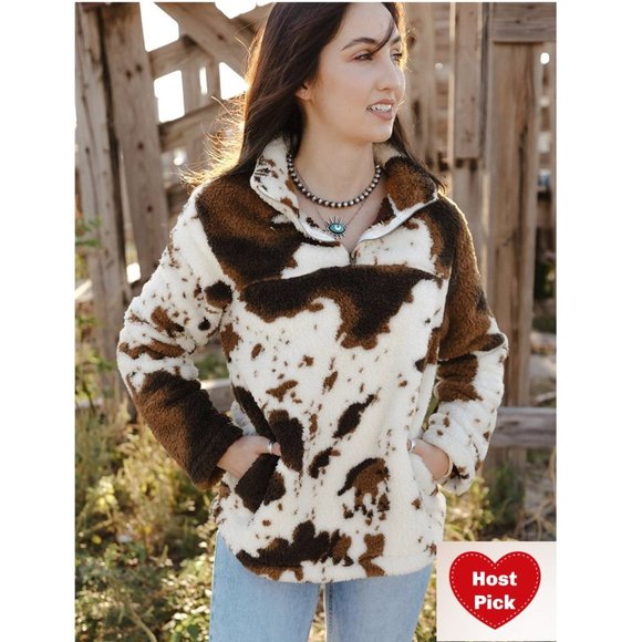 Jackets & Coats | Cow Print Jacket Western Wear Faux Fur Coat Brown Zip ...